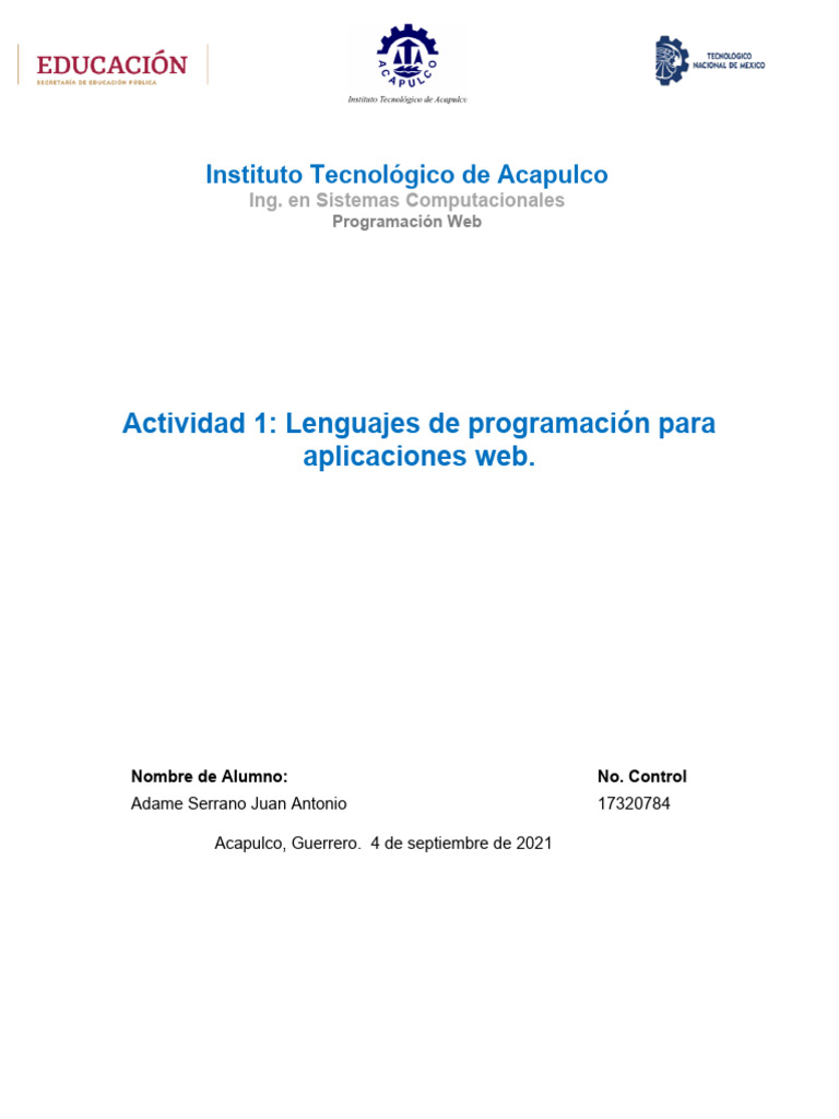 Actividad 1 Lenguajes de Programación para Aplicaciones Web. | PDF | Red mundial | Internet y web