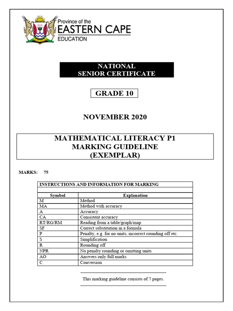 Maths Lit p1 Gr10 Memo Nov2020 - English | PDF | Mathematics