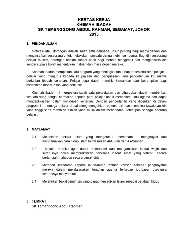 Kertas Kerja Kem Ibadah Sktar 2015 | PDF