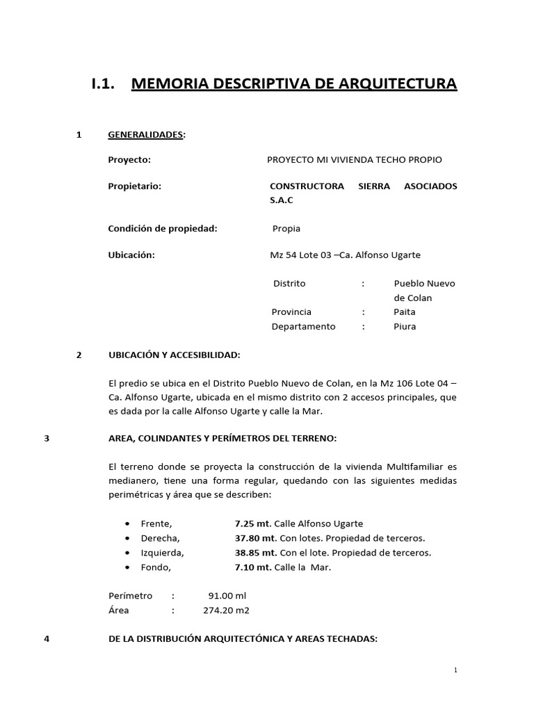 MEMORIA - DESCRIPTIVA. TECHO PROPIO 21 Abril Arquitectura | PDF