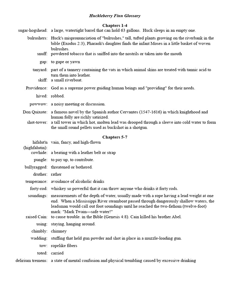 Huckleberry Finn Vocabulary Glossary | PDF