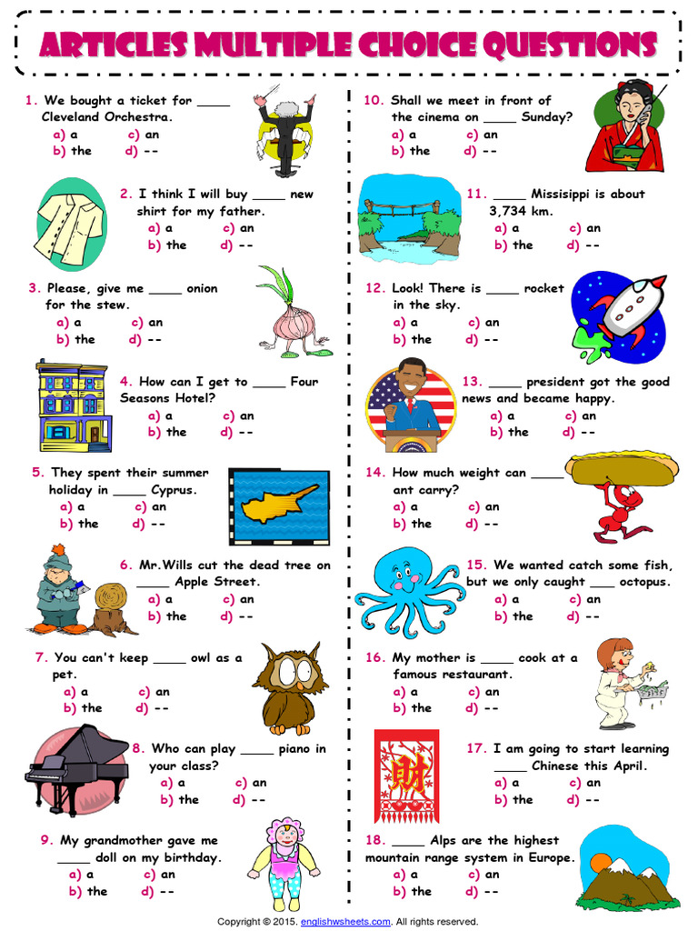 articles esl multiple choice exercise worksheet for kids | PDF