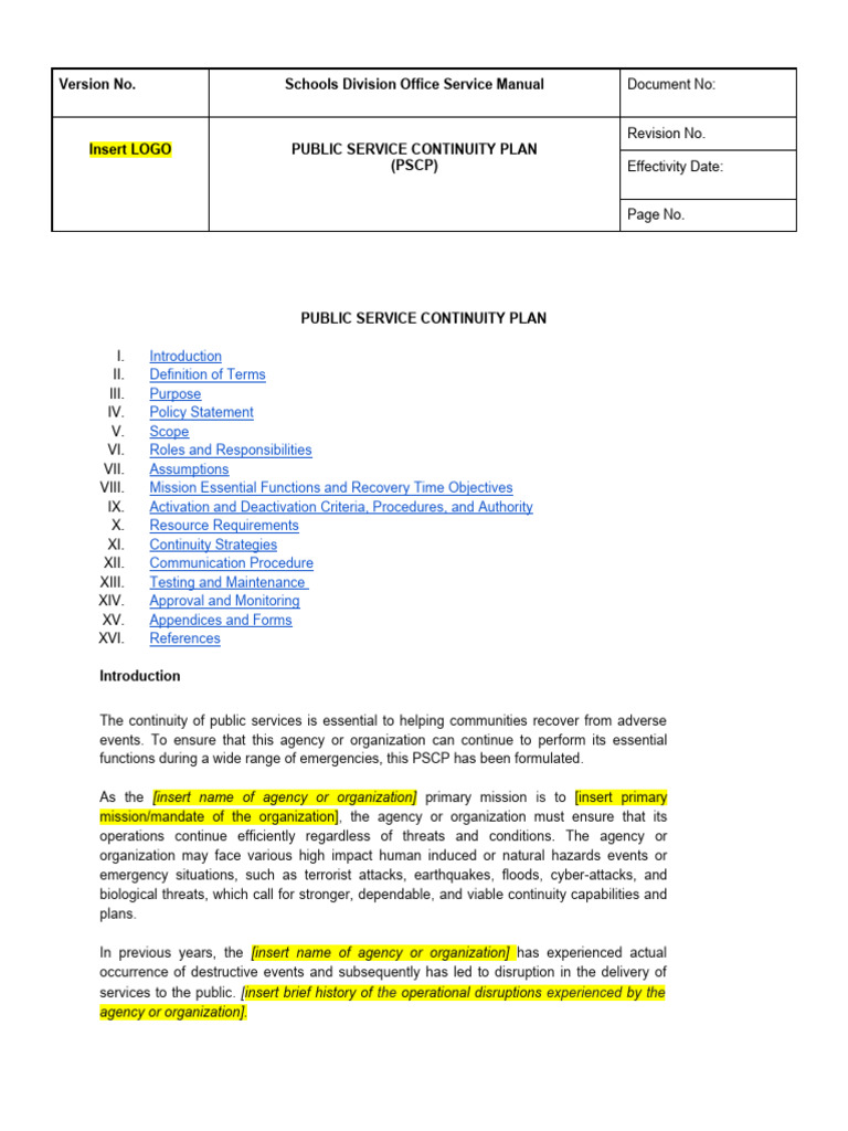 PSCP Template RO and SDO | PDF | Risk | Emergency Management