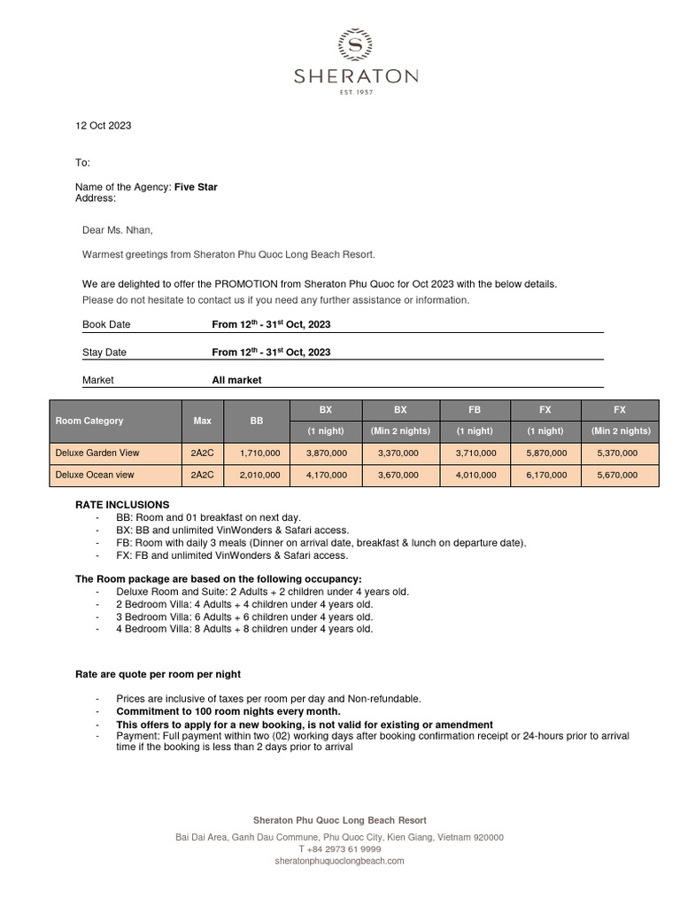 Five Star - Oct - Update Promotion - Sheraton Phu Quoc | PDF