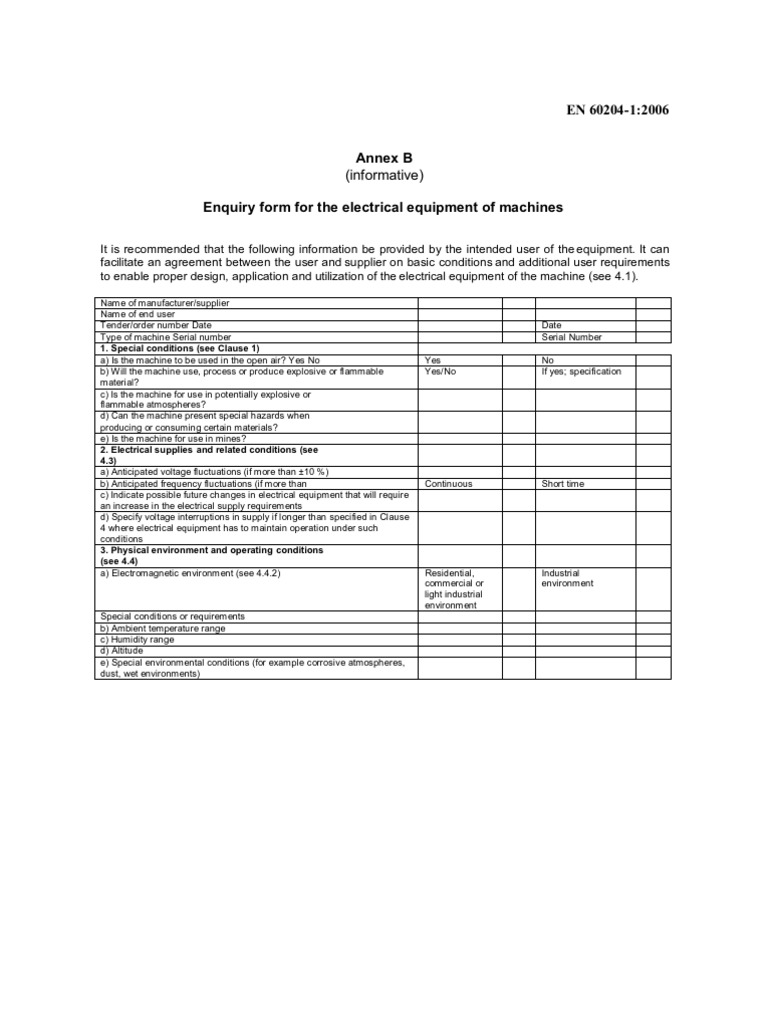 En 60204 1 Enquiry Form For The Electrical Equipment of Machines | PDF ...