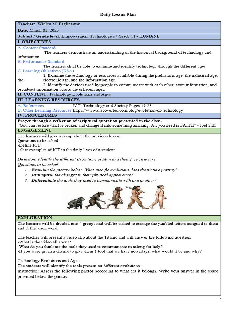 Lesson - Plan Evolutions of Technology | PDF | Educational Technology ...