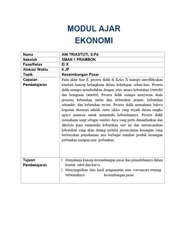 Modul Ajar Ekonomi - Ekonomi - Keseimbangan Pasar - Fase E | PDF | Pengelolaan Keuangan & Uang ...