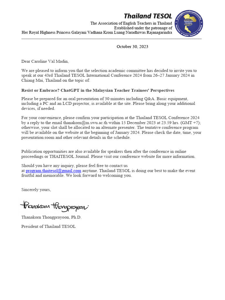 Acceptance Letter Caroline Val Madin | PDF