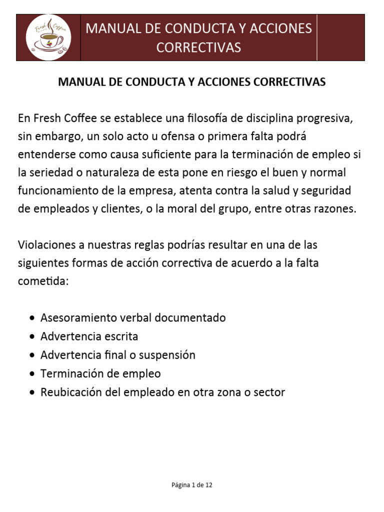 MANUAL DE CONDUCTA Y ACCIONES CORRECTIVAS FRESH COFFEE Android | PDF | Business | Comportamiento