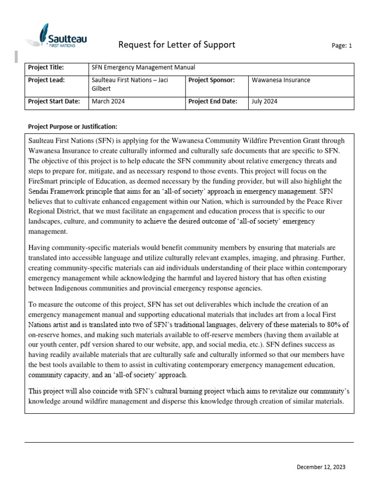Correspondence - Letter of Support Request - SFN Emergency Management ...