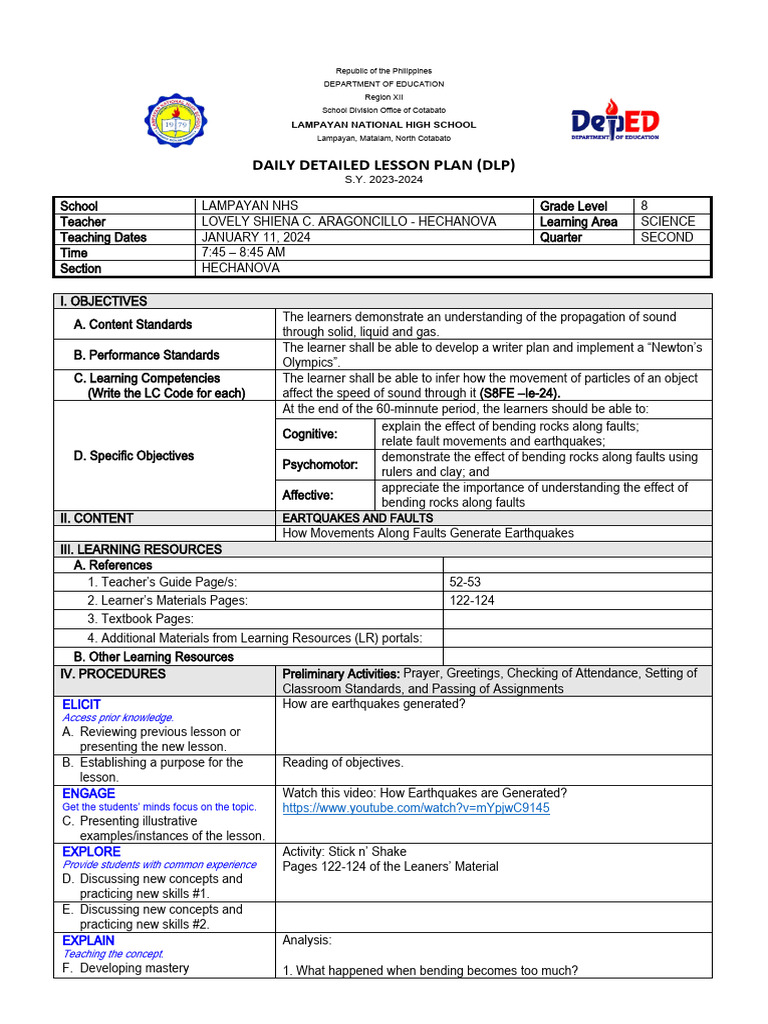 Daily Detailed Lesson Plan (DLP) : Elicit | PDF | Learning | Earthquakes