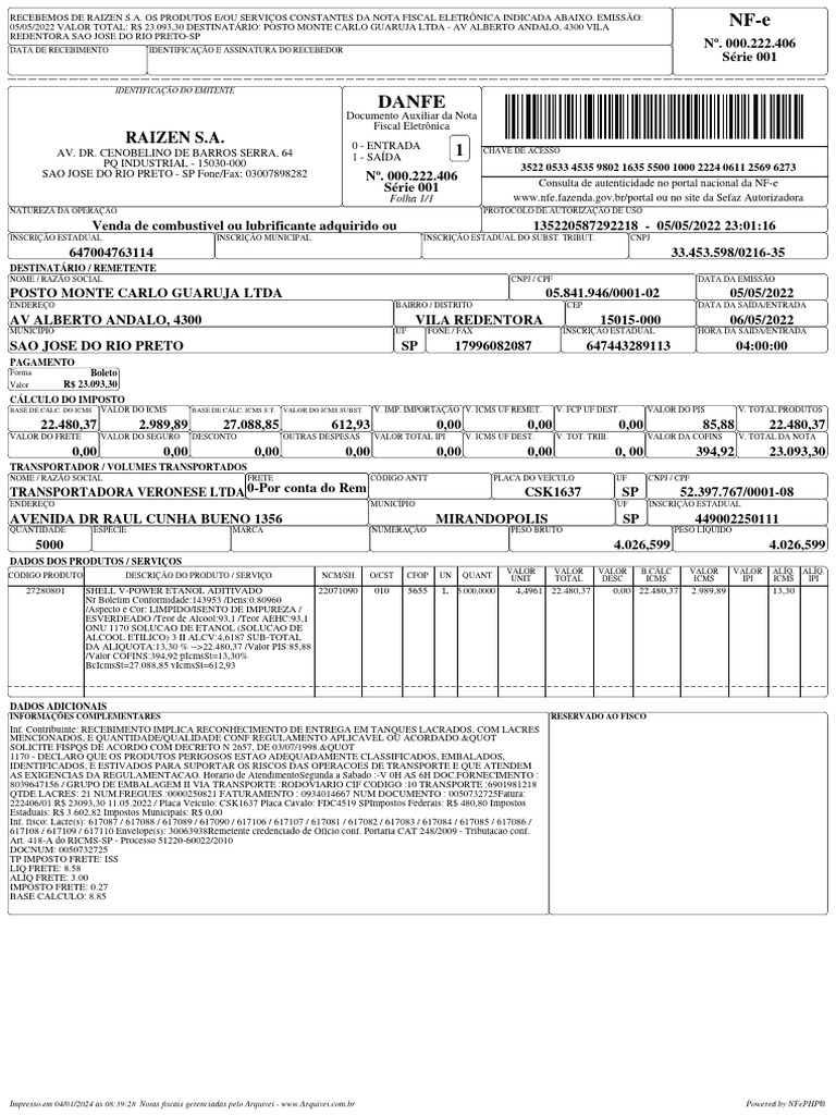NFe-35220533453598021635550010002224061125696273 | PDF | Economia de negócios | Impostos
