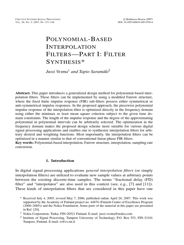 Saramäki_Polynomial_Based_Interpolation_Filters_Springer_2007 | PDF | Filter (Signal Processing ...