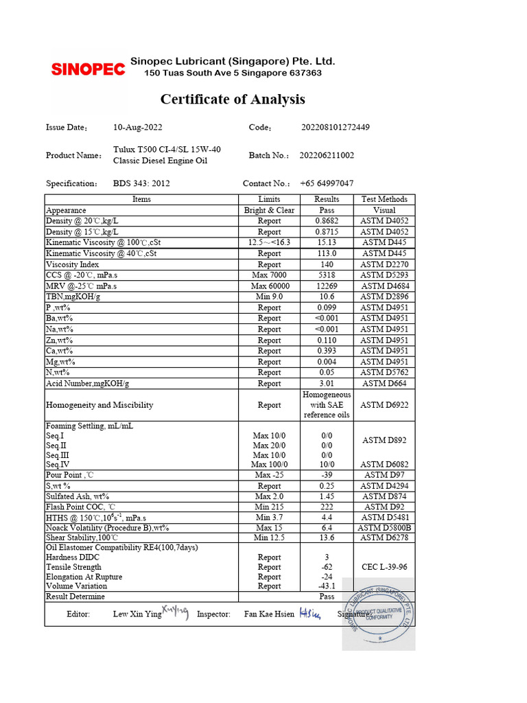 Certificate of Analysis: Sinopec Lubricant (Singapore) Pte. LTD | PDF