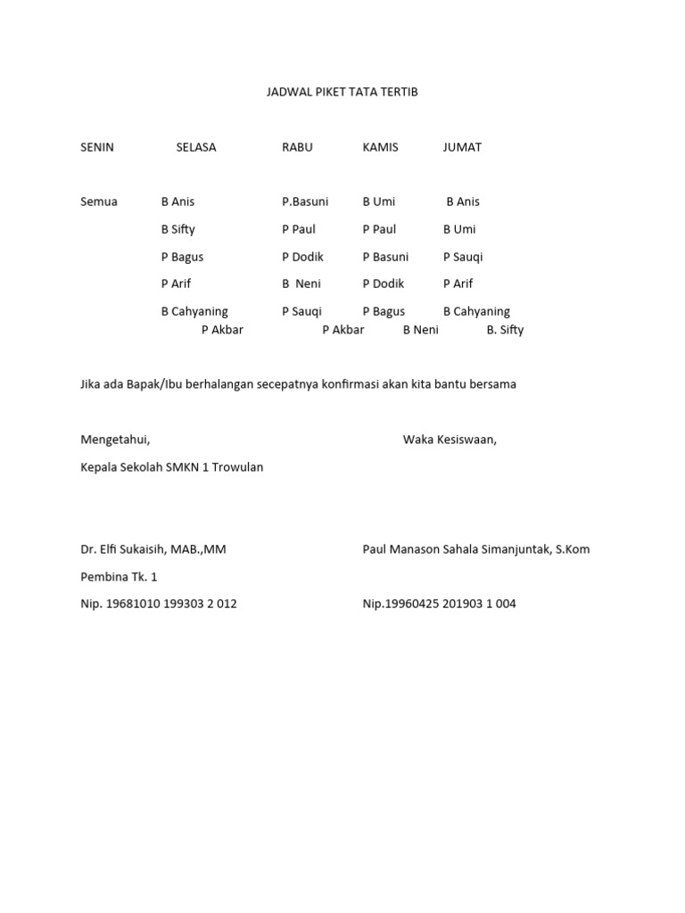 Jadwal Piket Tata Tertib | PDF