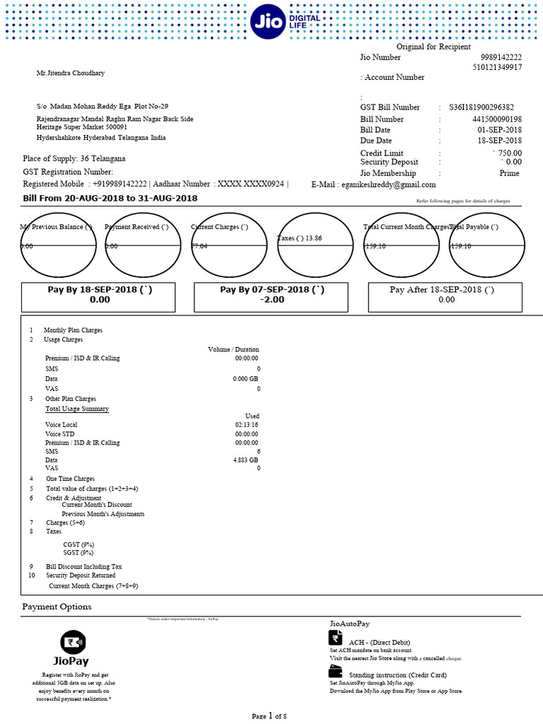 Jio Bill Summary for September 2018 | PDF | Credit Card | Debit Card