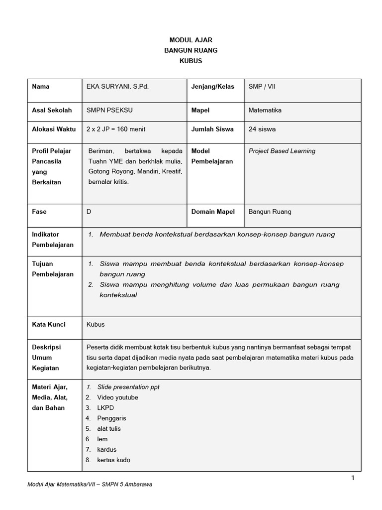 Modul Ajar Matematika: Kubus PjBL SMP VII | PDF