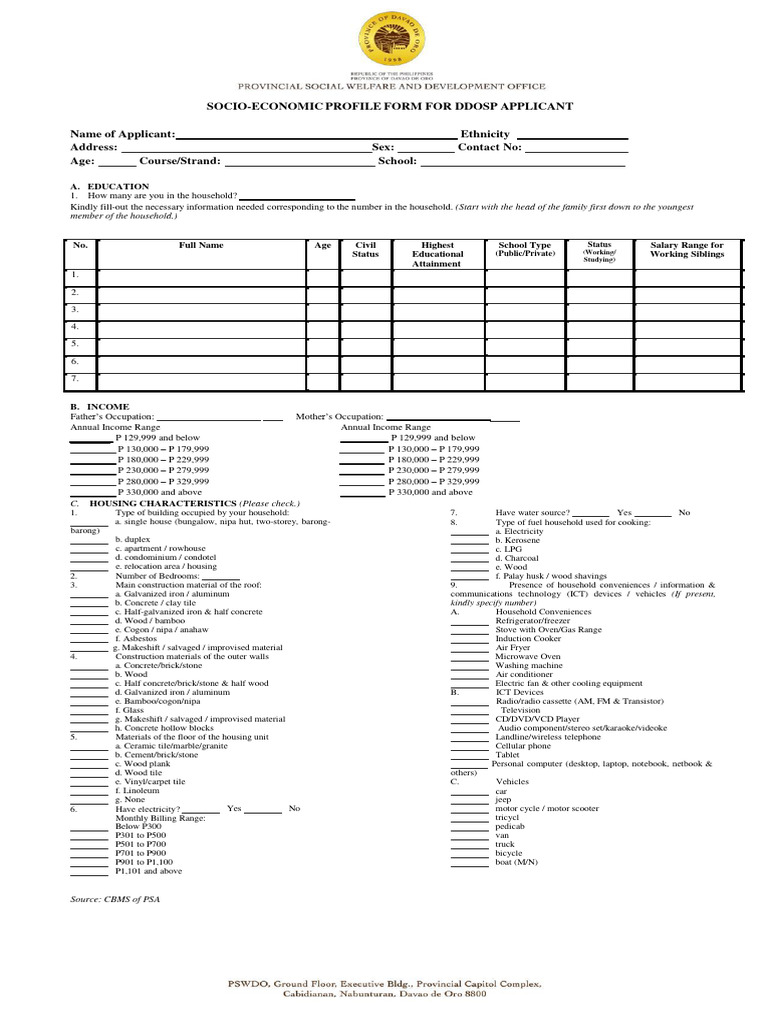 Socio Economic Form DDOSP Applicants PDF | PDF