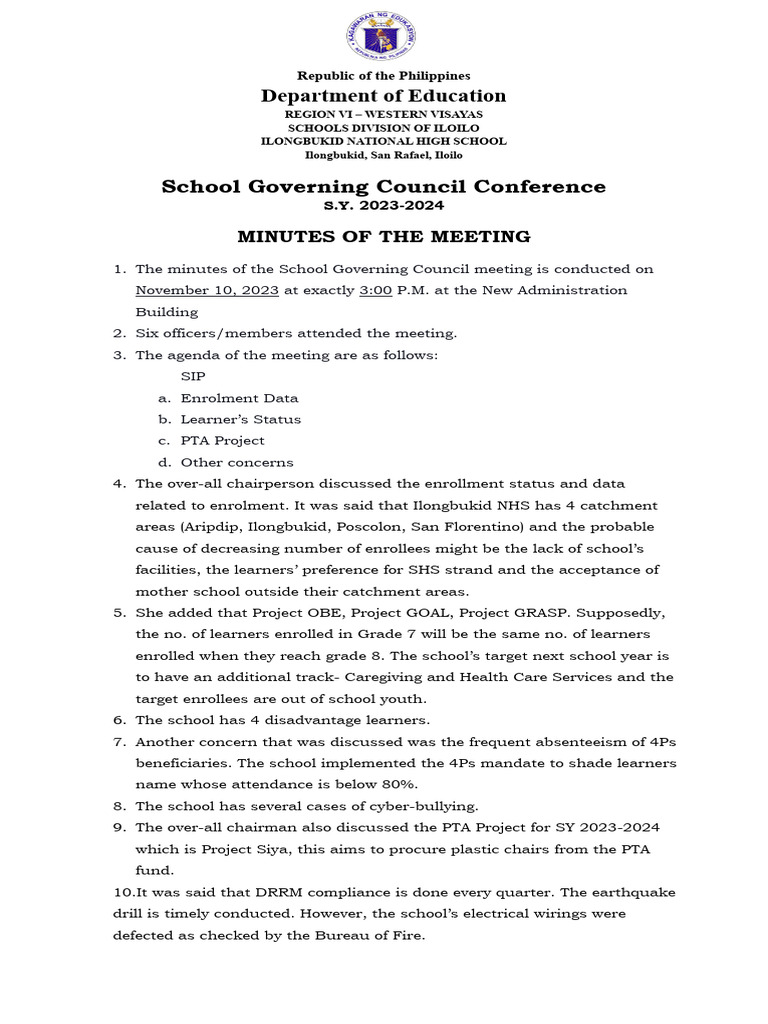 SGC Meeting Minutes - Ilongbukid NHS | PDF