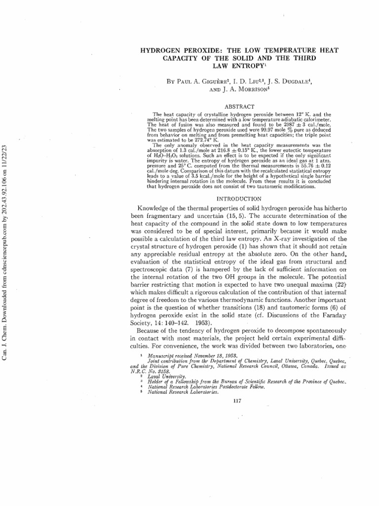 Giguère Et Al 2011 Hydrogen Peroxide the Low Temperature Heat Capacity ... Giguère Et Al 2011 Hydrogen Peroxide the Low Temperature Heat Capacity ...