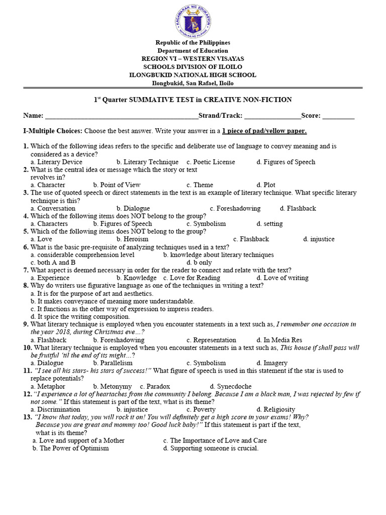 1st Quarter Summative Test in CREATIVE NON FICTION | PDF | Narration