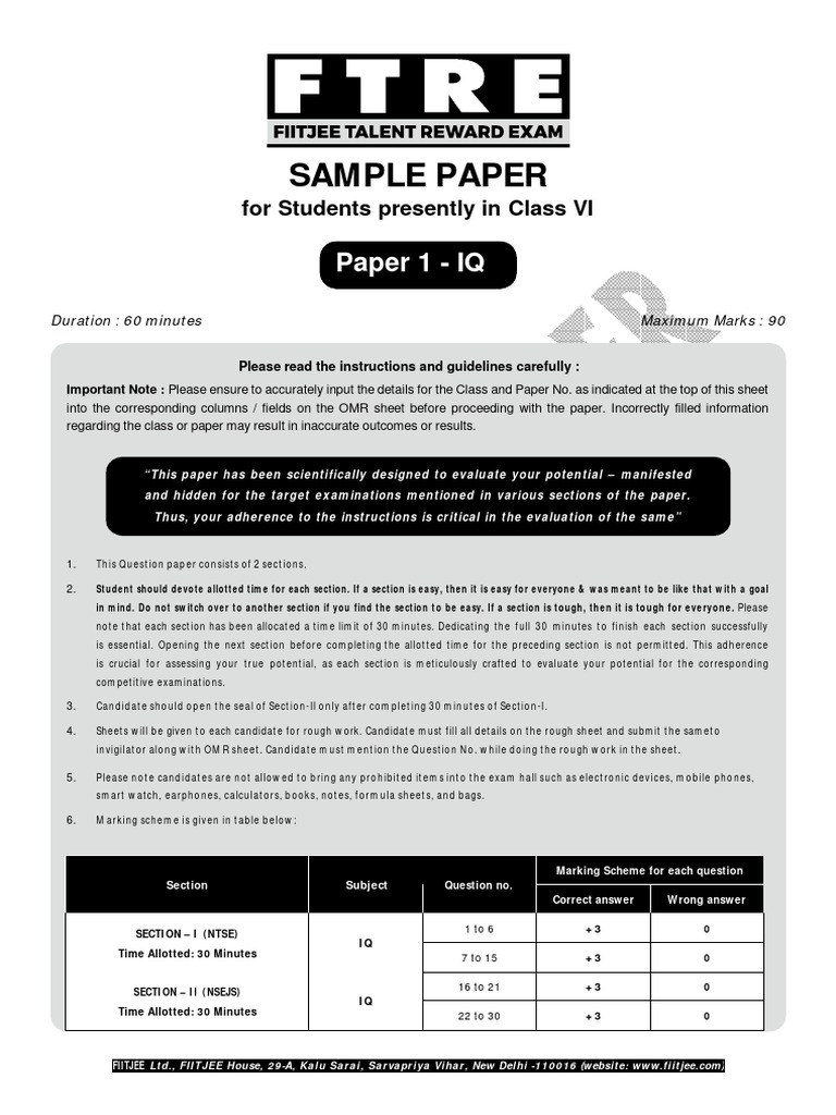 Class VI IQ Sample Paper | PDF