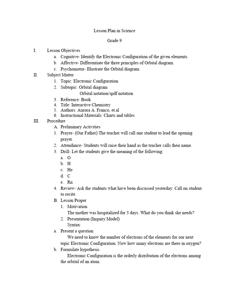 Lesson Plan in Science Grade 9 | PDF | Electron Configuration | Atomic ...