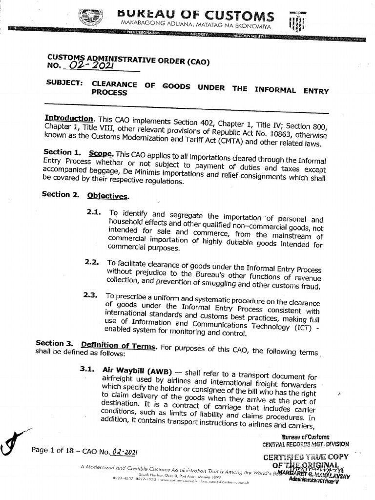 BoC Customs Administrative Order No 02 2021 | PDF