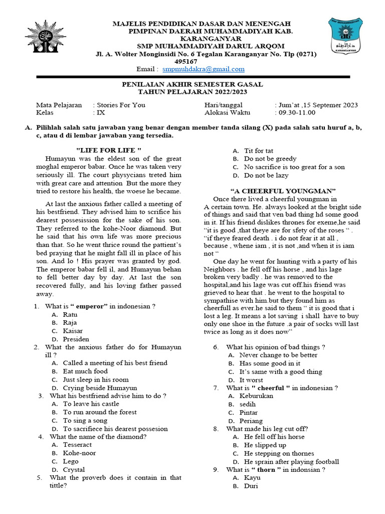 Soal Dan Kunci Sty Kelas 9 Asg 2023 | PDF