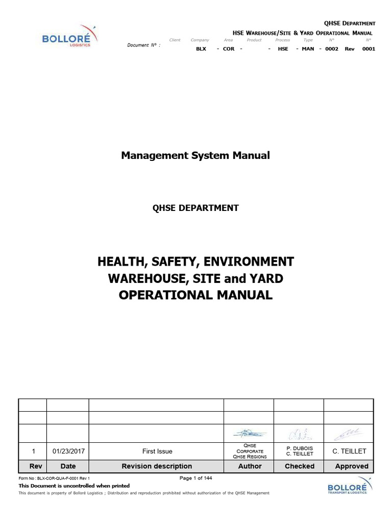 HSE Warehouse Operational Manual | PDF | Occupational Safety And Health ...