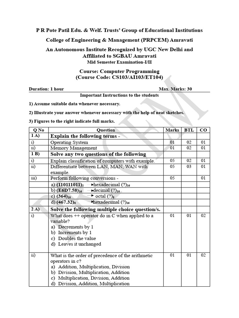 MSE I Question paper | PDF | Computer Programming | Mathematics