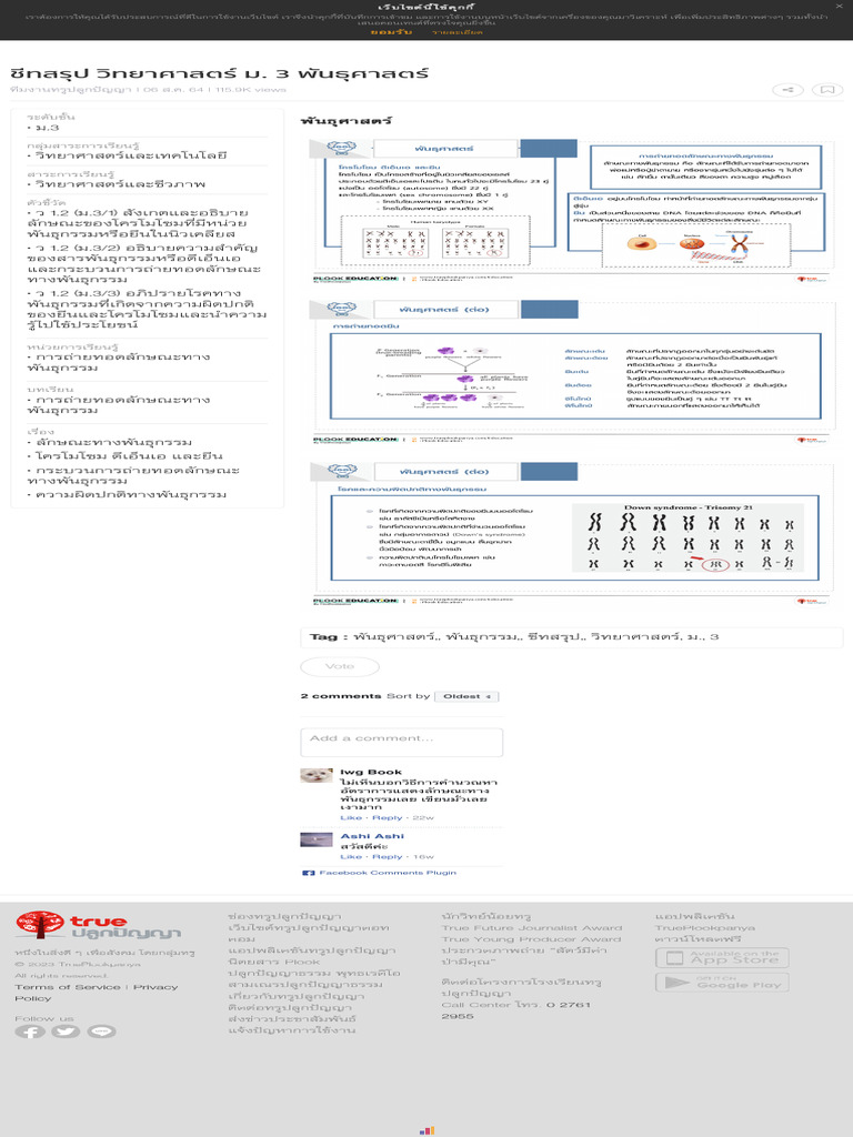 ชีทสรุป วิทยาศาสตร์ ม. 3 พันธุศาสตร์ TruePlookpanya | PDF