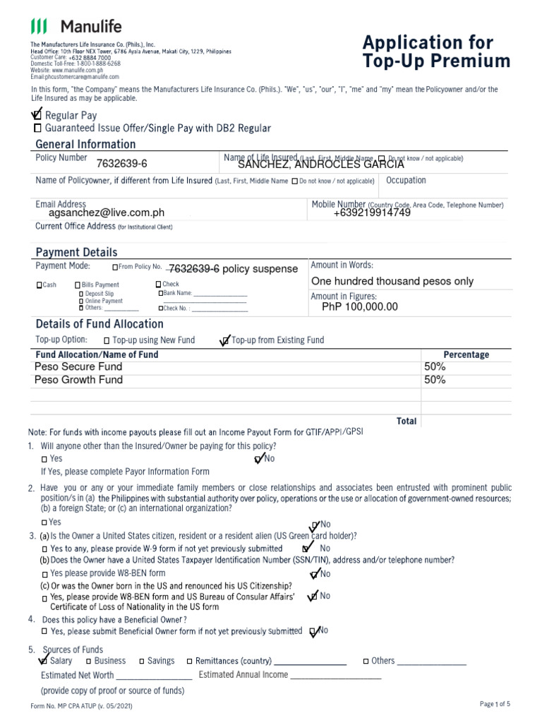 Application for Top-Up Premium Form | PDF | Insurance | Life Insurance