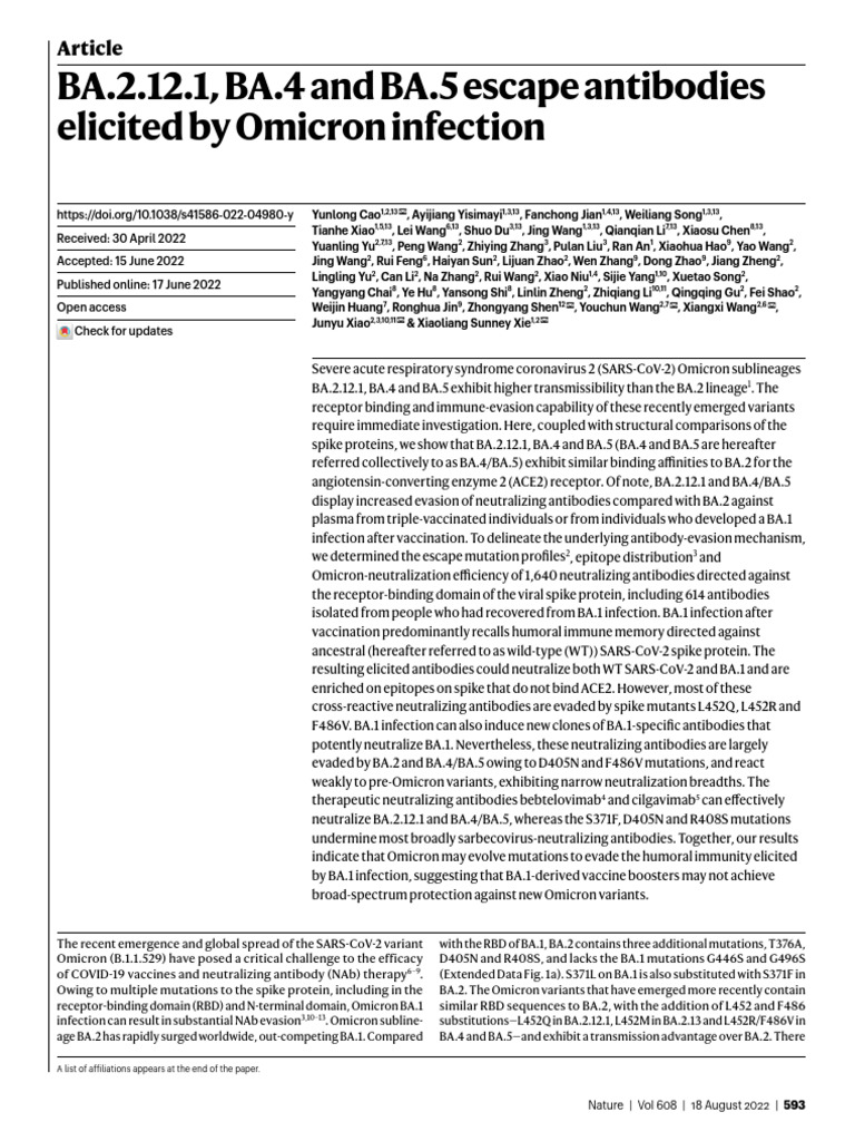 BA.2.12.1, BA.4 and BA.5 Escape Antibodies Elicited by Omicron Infection | PDF | Immunology ...