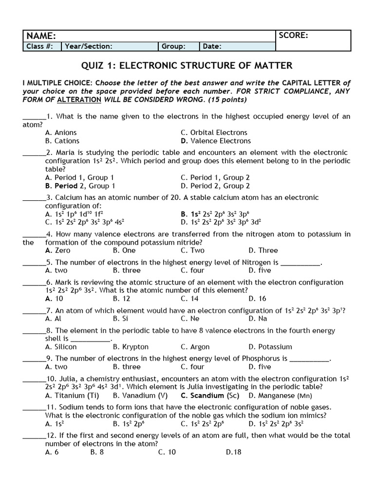 Rinhs Science 9 2nd Quiz 1 Electronic Structure of Matter | PDF ...