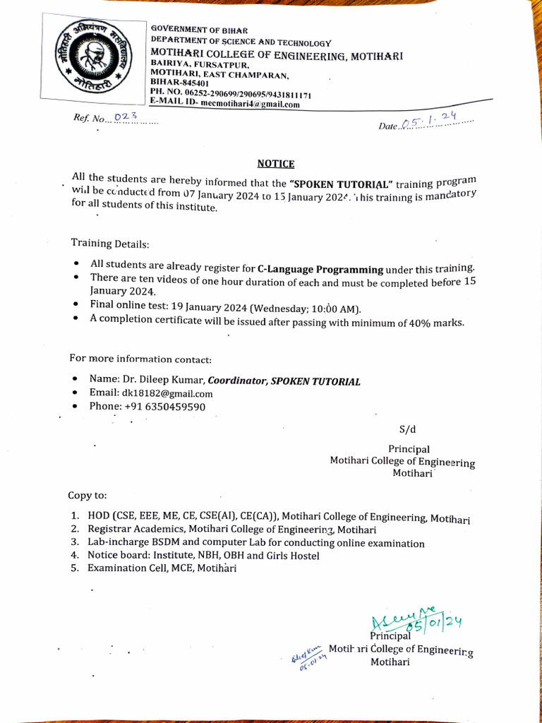 Spoken Tutorial Exam Notice - 023 | PDF