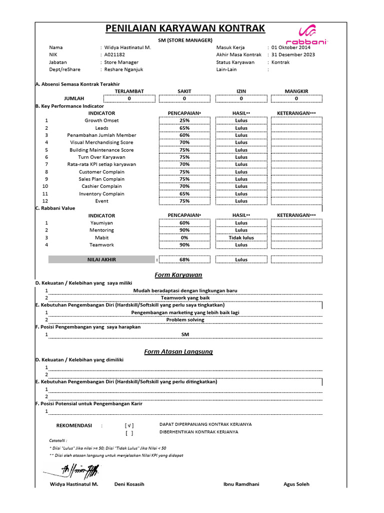 Form Penilaian Karyawan 2024. Widya | PDF