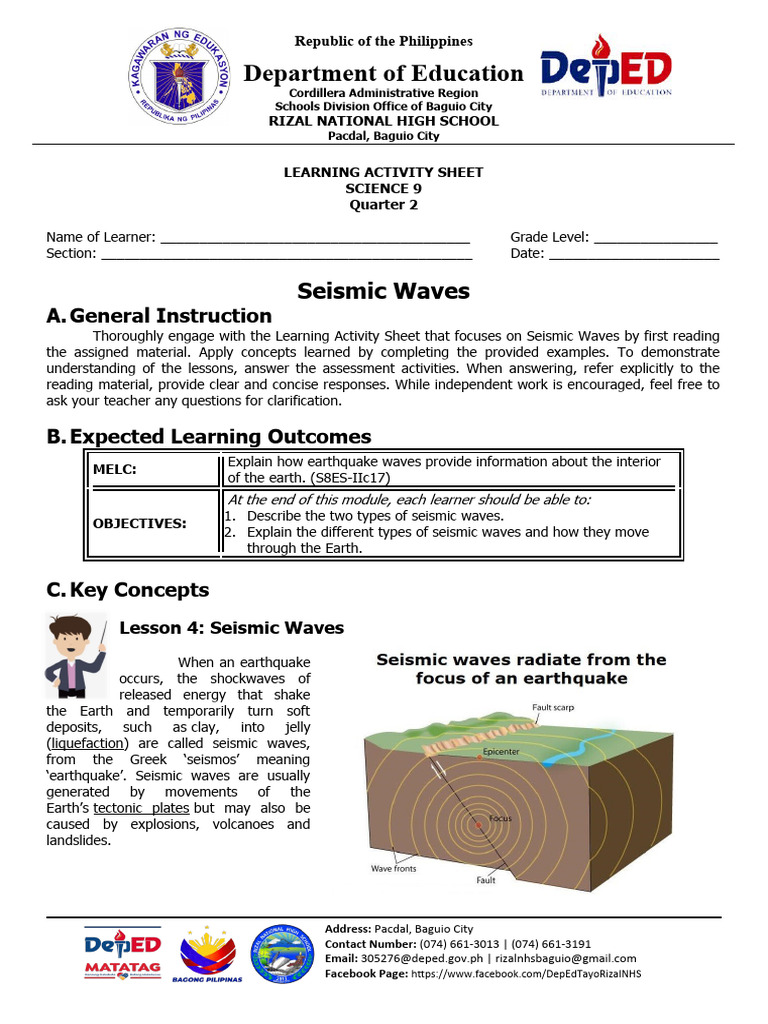 Seismic Waves Learning Activity Sheet | PDF | Waves | Earthquakes
