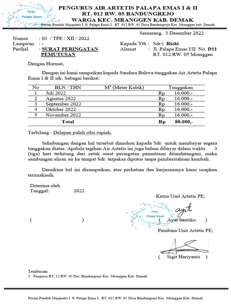 SP Pemutusan Sambungan Artetis Riski | PDF