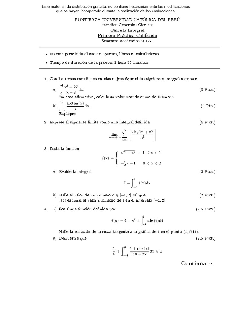 C Alculo Integral Primera PR Actica Calificada: Contin Ua | PDF