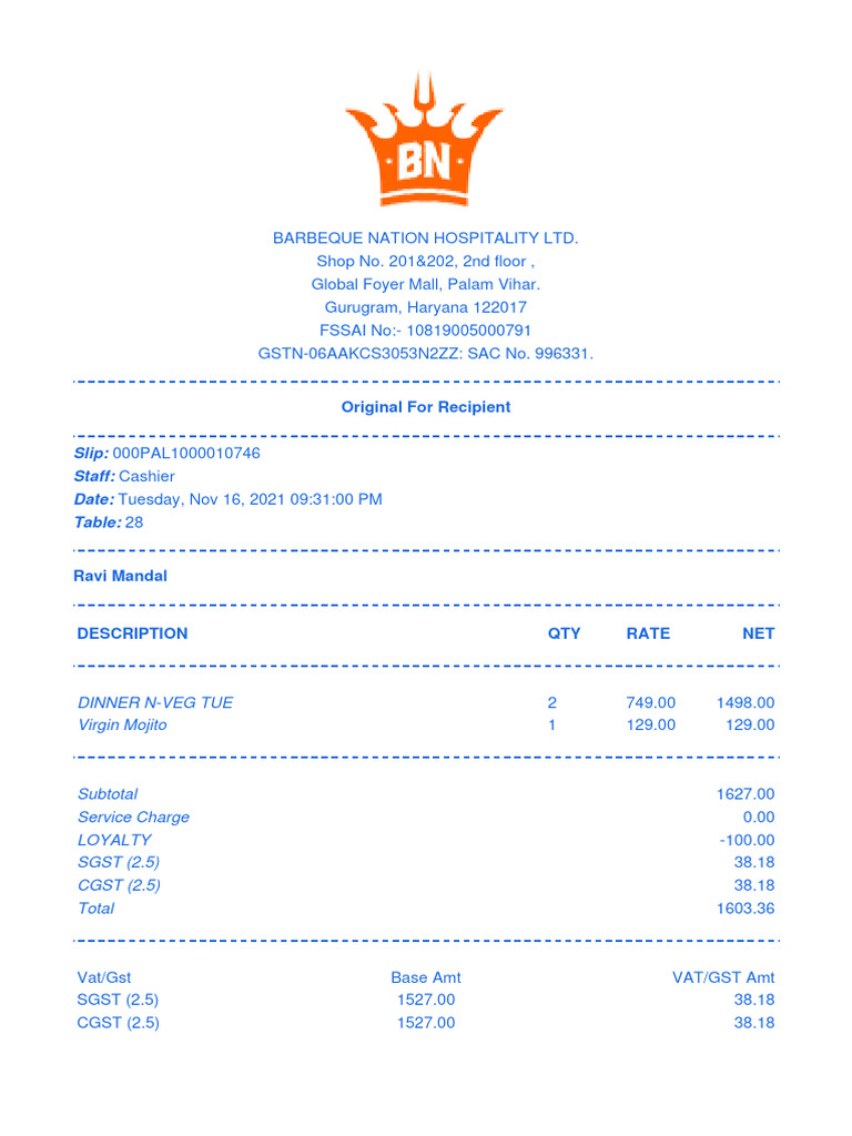 Barbeque Nation Bill and GST Details | PDF