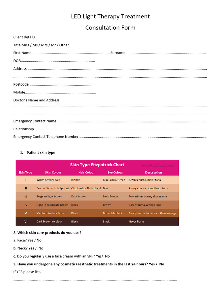 LED Light Therapy Consultation Form 1 | PDF | Statin | Pharmacology