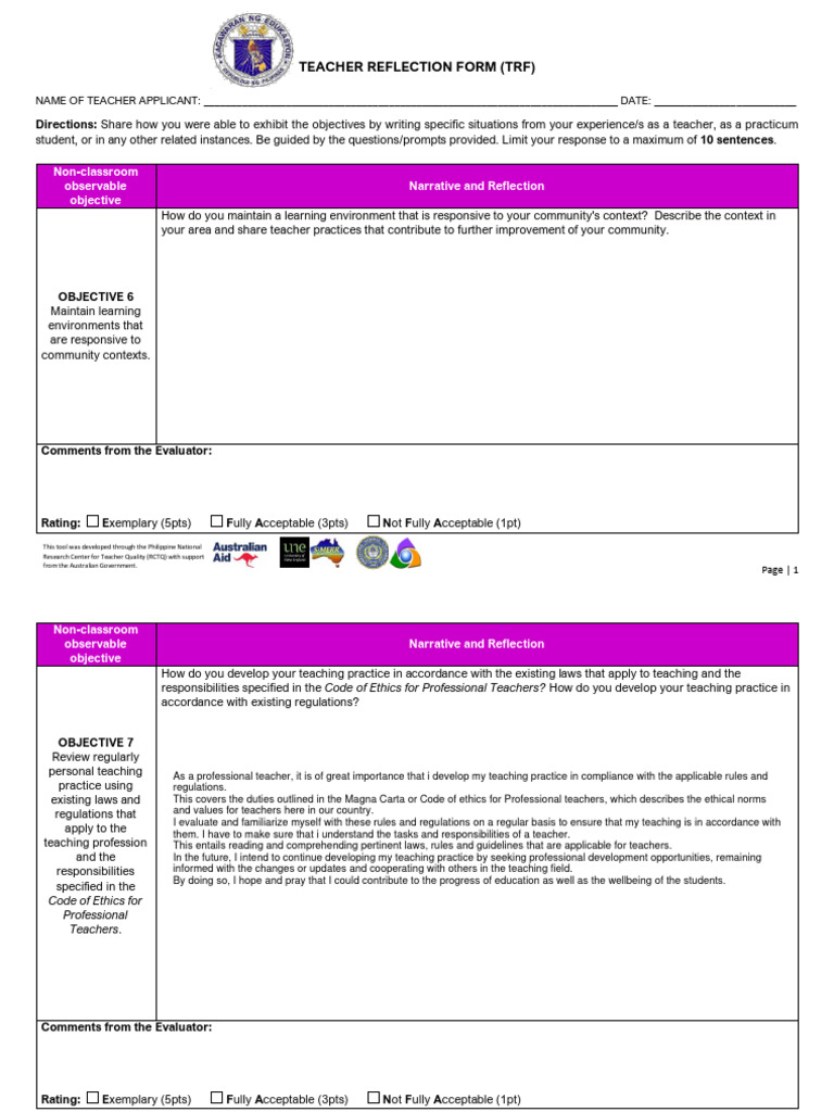 Teacher Reflection Form Guidelines | PDF | Teachers | Learning