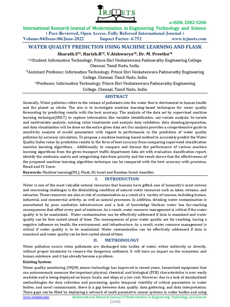 Water Quality Prediction Using Machine Learning and Flask | PDF