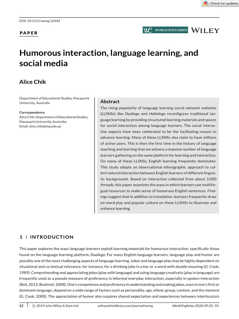 World Englishes - 2019 - Chik - Humorous Interaction Language Learning ...