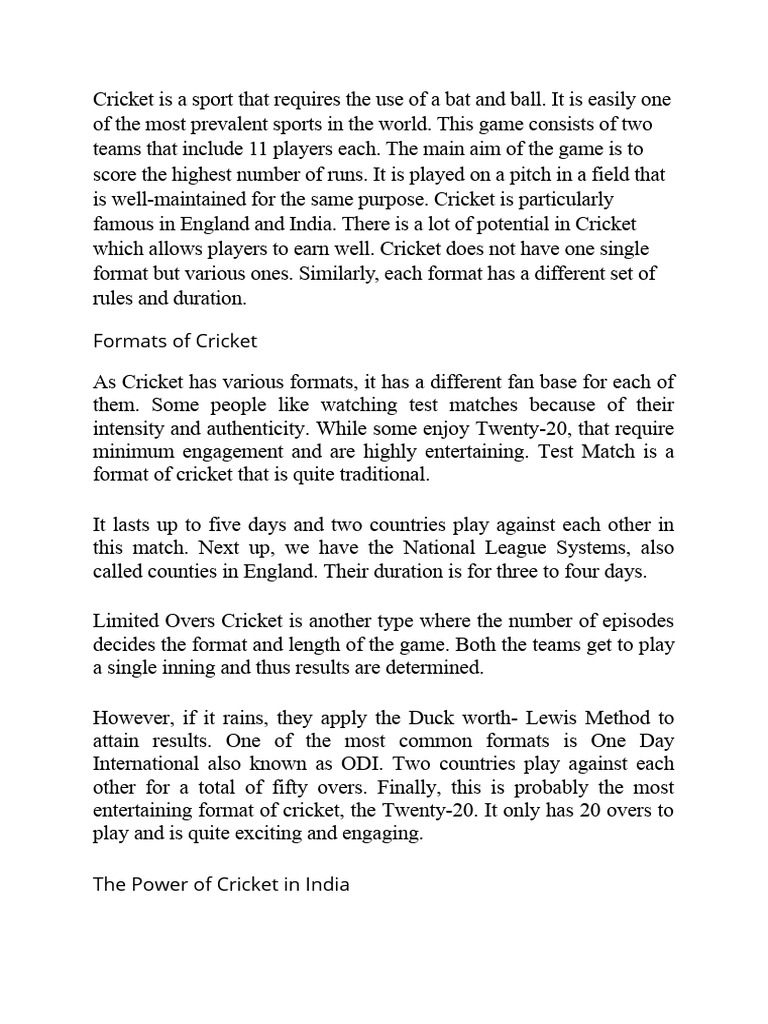 Cricket is a sport that requires the use of a bat and ball | PDF | Cricket | Athletic Sports