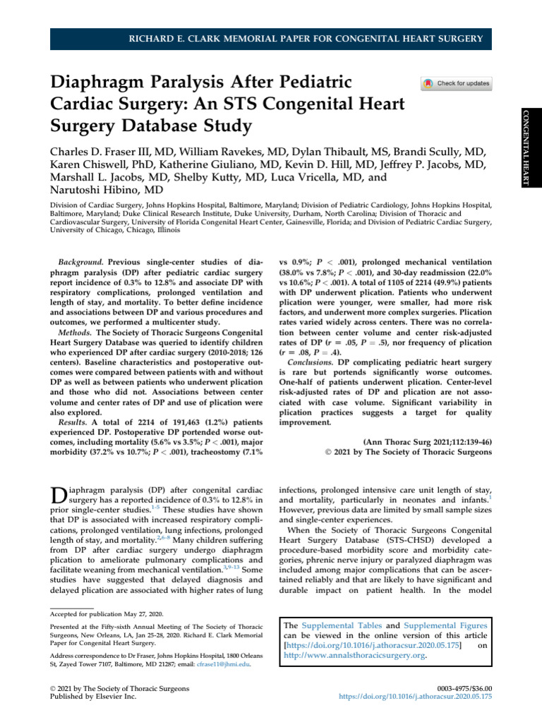 2021 Diaphragm Paralysis After Pediatric Cardiac Surgery An STS Congenital Heart Surgery ...