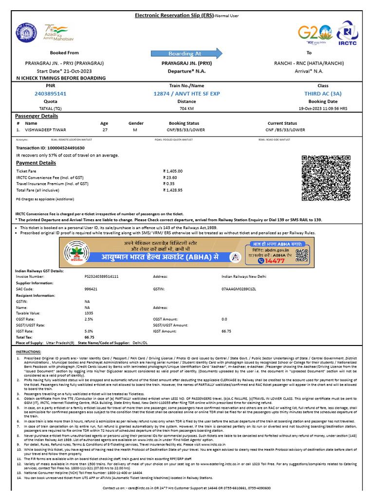Anvt Hte SF Exp Third Ac (3A) : Booked From To | PDF | Identity Document