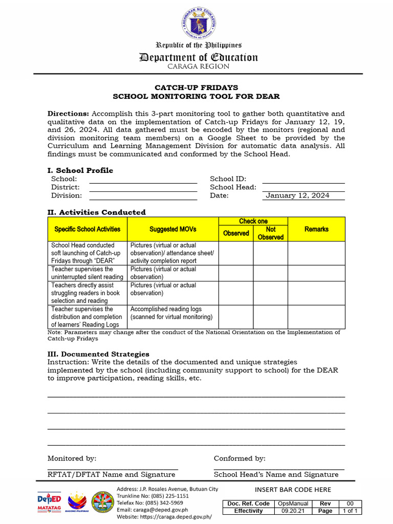 Monitoring Tool For DEAR Catch Up Fridays | PDF | Learning | Cognition
