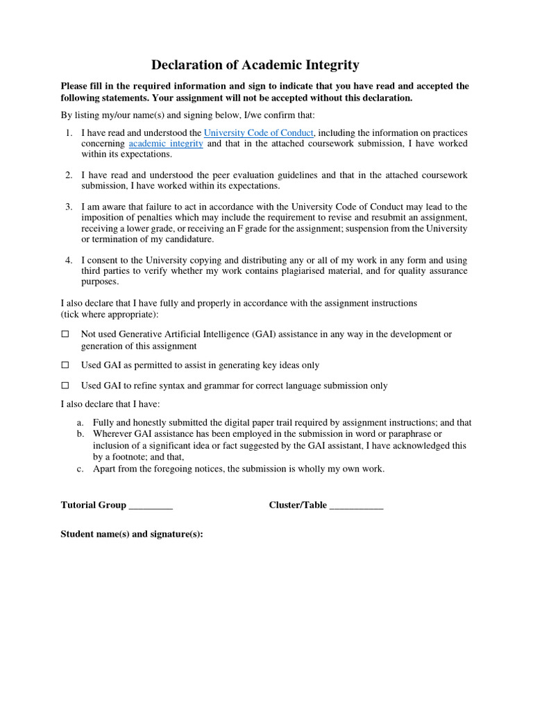 Declaration of Academic Integrity | PDF Declaration of Academic Integrity | PDF